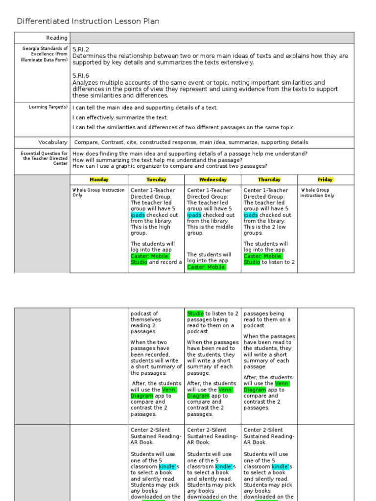 Differentiated Instruction Lesson Plan: Georgia Standards of Excellence ...