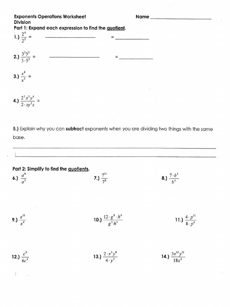 Division Exponents Worksheet | PDF