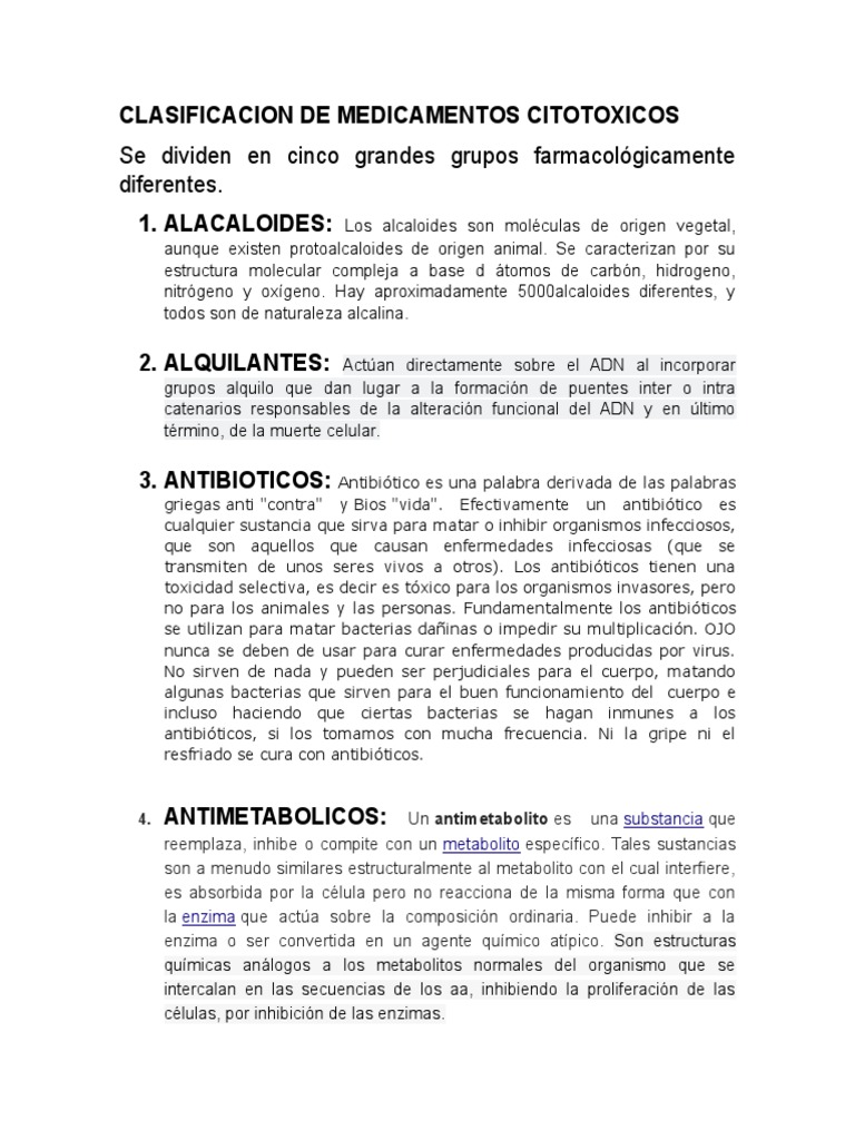Clasificacion de Medicamentos Citotoxicos | PDF | Antibióticos | Las ...
