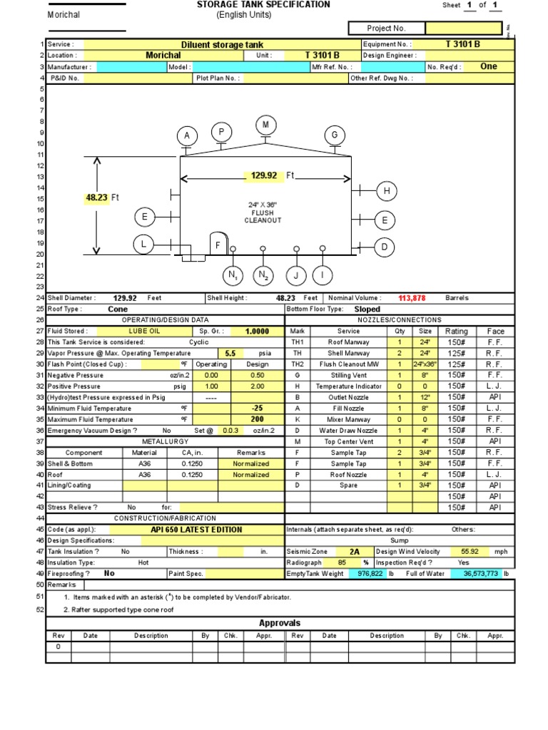 Diluent Storage Tank Specification and Design Calculations | PDF | Foot ...