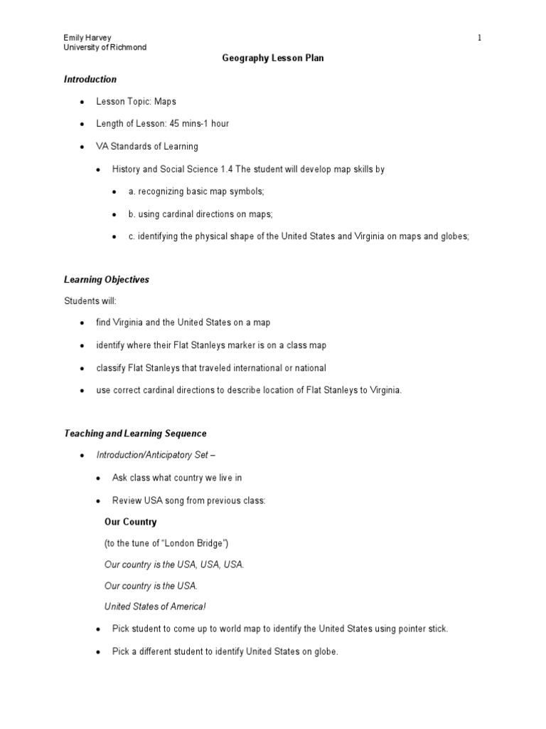 Geography Lesson Plan: Emily Harvey 1 University of Richmond | PDF ...