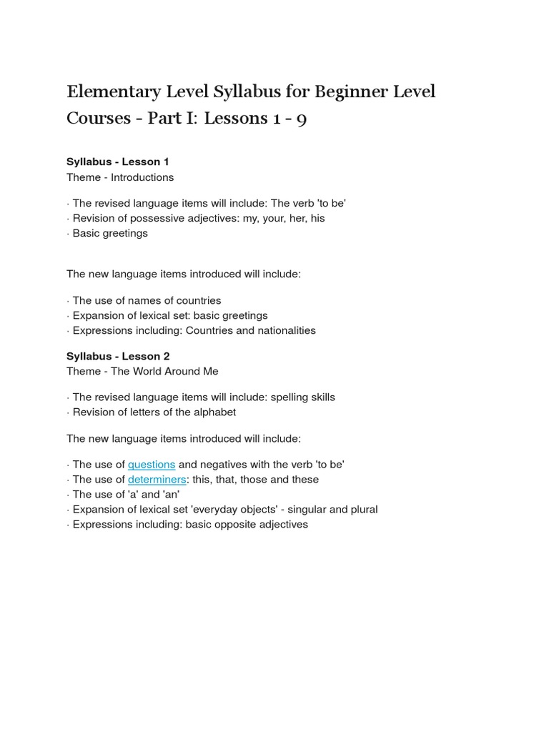 Elementary Level Syllabus For Beginner Level Courses | PDF | Language ...