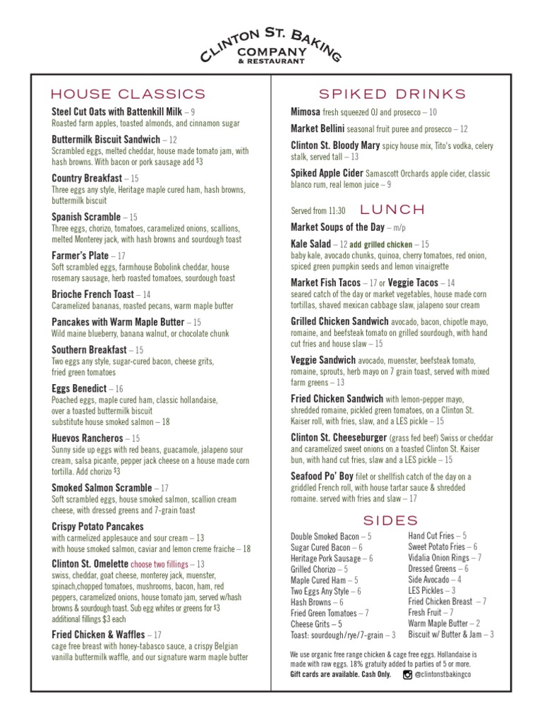 Clinton Street Baking Co., All Day Menu | PDF | Coleslaw | Bacon