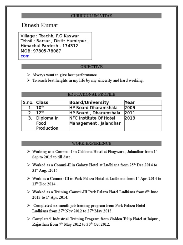 Dinesh Kumar's Culinary CV | PDF | Self-Improvement