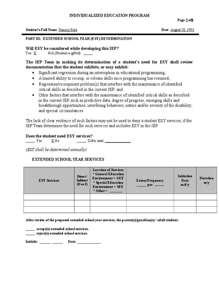 Extended School Year IEP Guidelines | PDF | Individualized Education ...