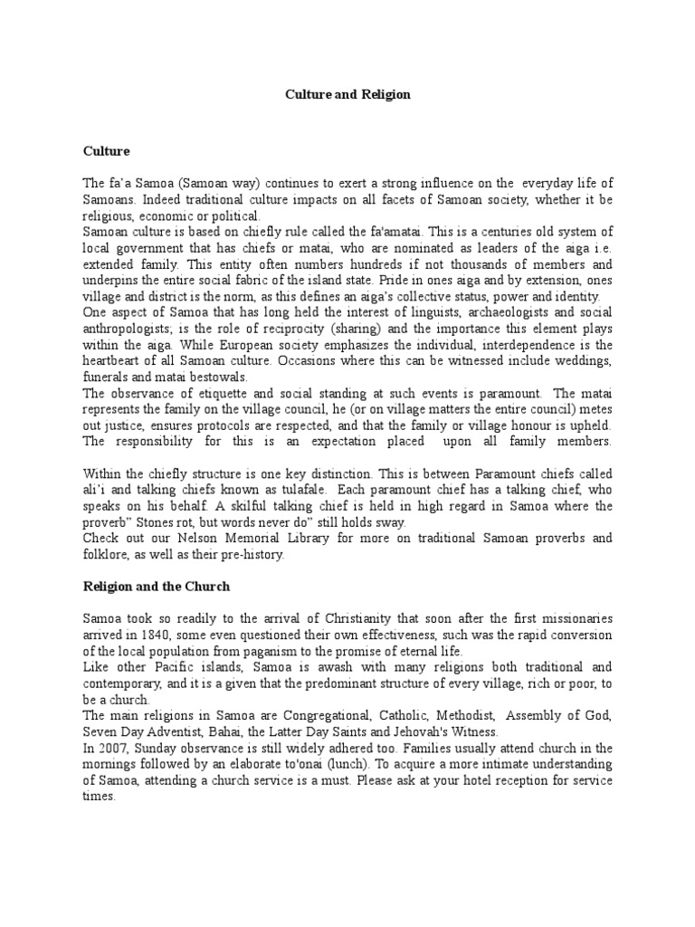 Samoa Culture and Religion | PDF | Samoa | Religious Faiths