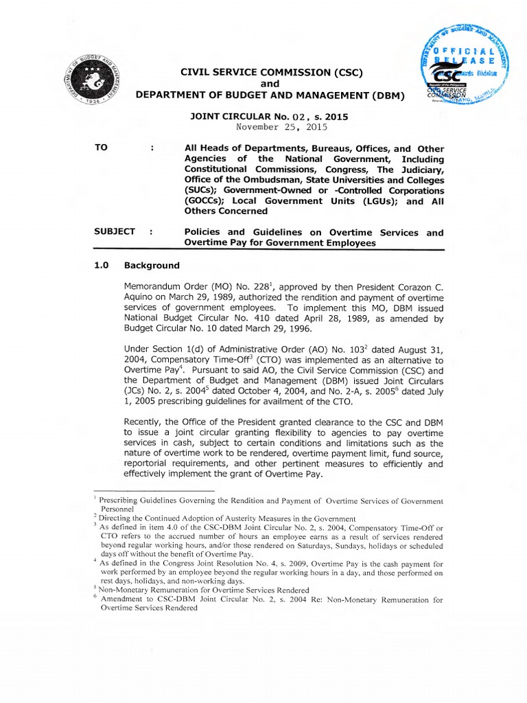 CSC-DBM Guidelines On Overtime | PDF | Overtime | Working Time