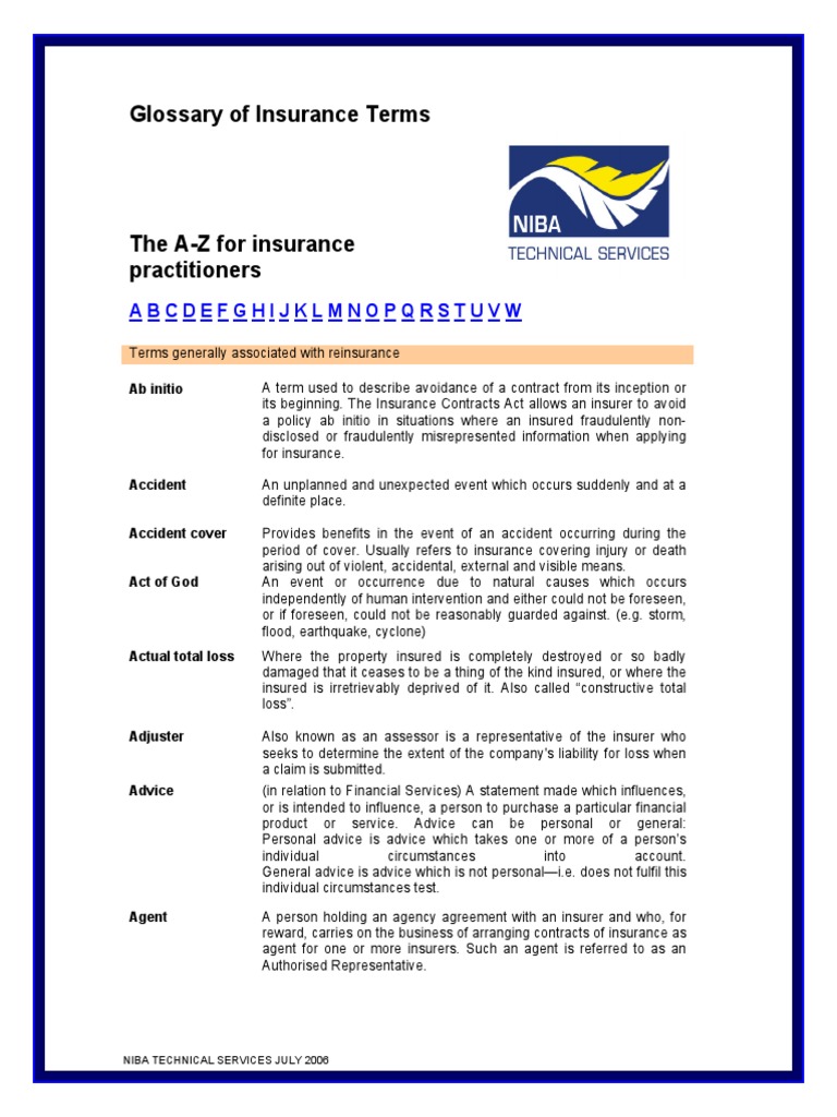 Glossary of Insurance Terms A-Z | PDF | Reinsurance | Insurance