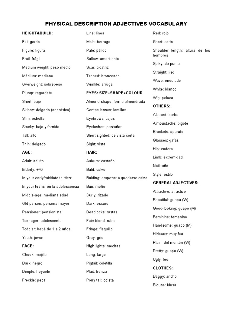 Physical Description Vocabulary Guide | PDF