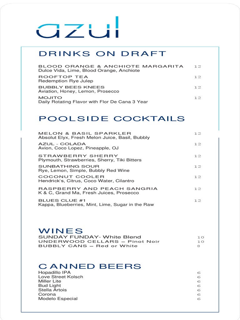 Azul Rooftop Menu at Westin Austin | PDF | Cooking, Food & Wine ...