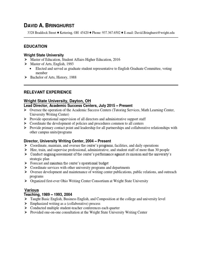 David A. Bringhurst: Academic Profile | PDF | Postgraduate Education ...