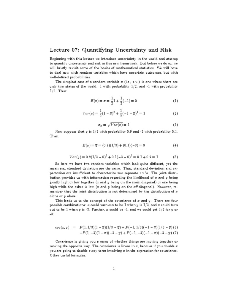 Lecture 7 - Quantifying Uncertainty and Risk | PDF | Covariance | Expected Value