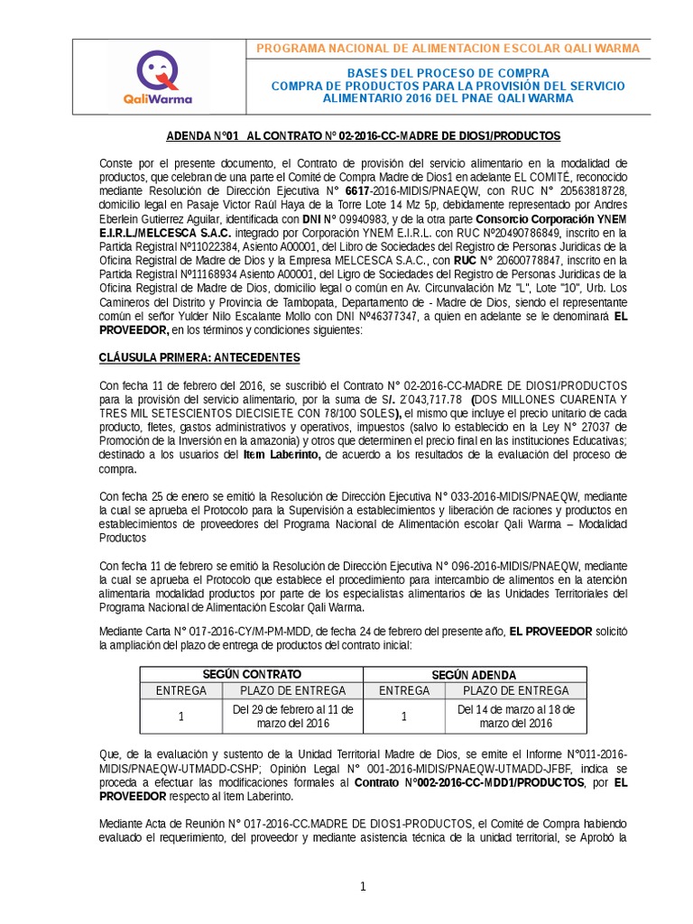Adenda 01 - Contrato Nº02-Item Laberinto | PDF | Cereales | Producto ...