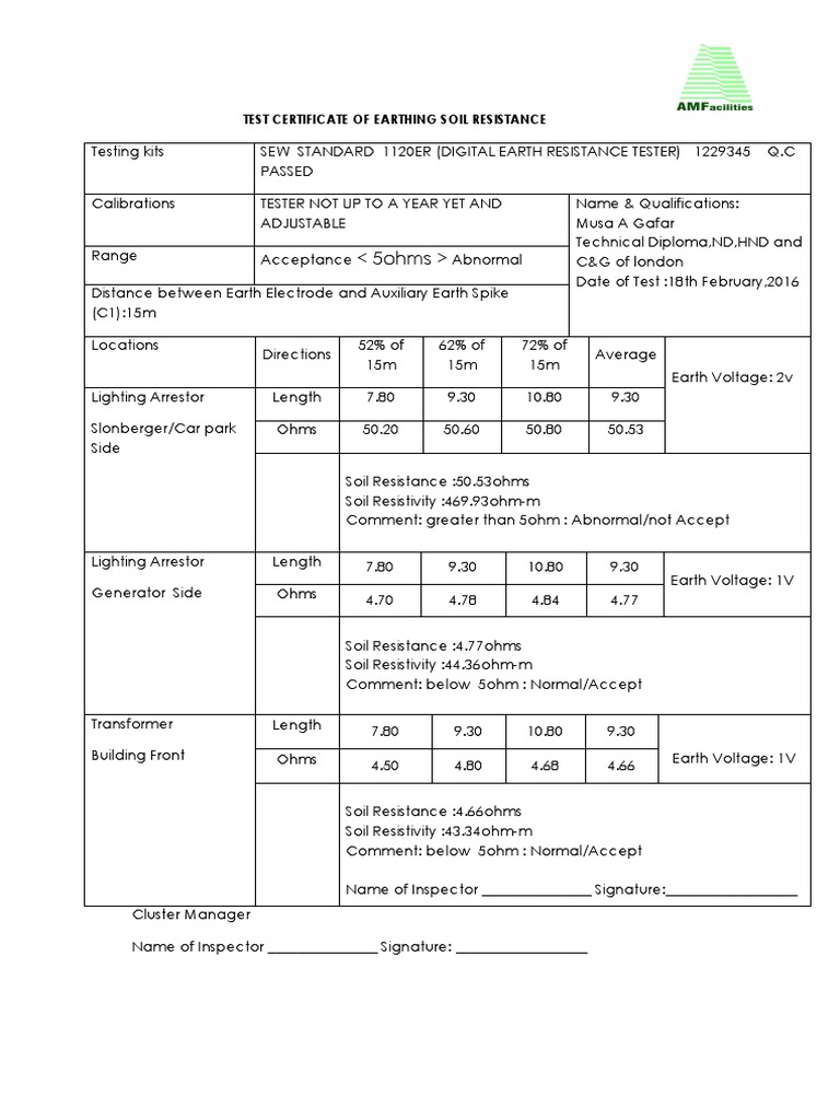 Earthing Test Certificate PDF | PDF