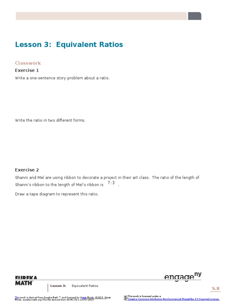 Math g6 m1 Topic A Lesson 3 Student | PDF | Ratio | Common Core State ...