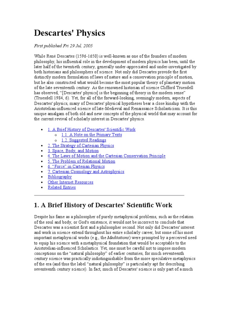Descartes' Physics: 1. A Brief History of Descartes' Scientific Work ...