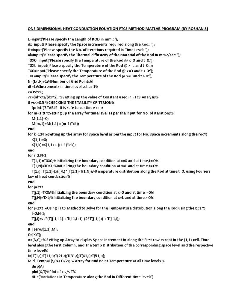 One Dimensional Heat Conduction Ftcs Matlab Program Pdf Thermal