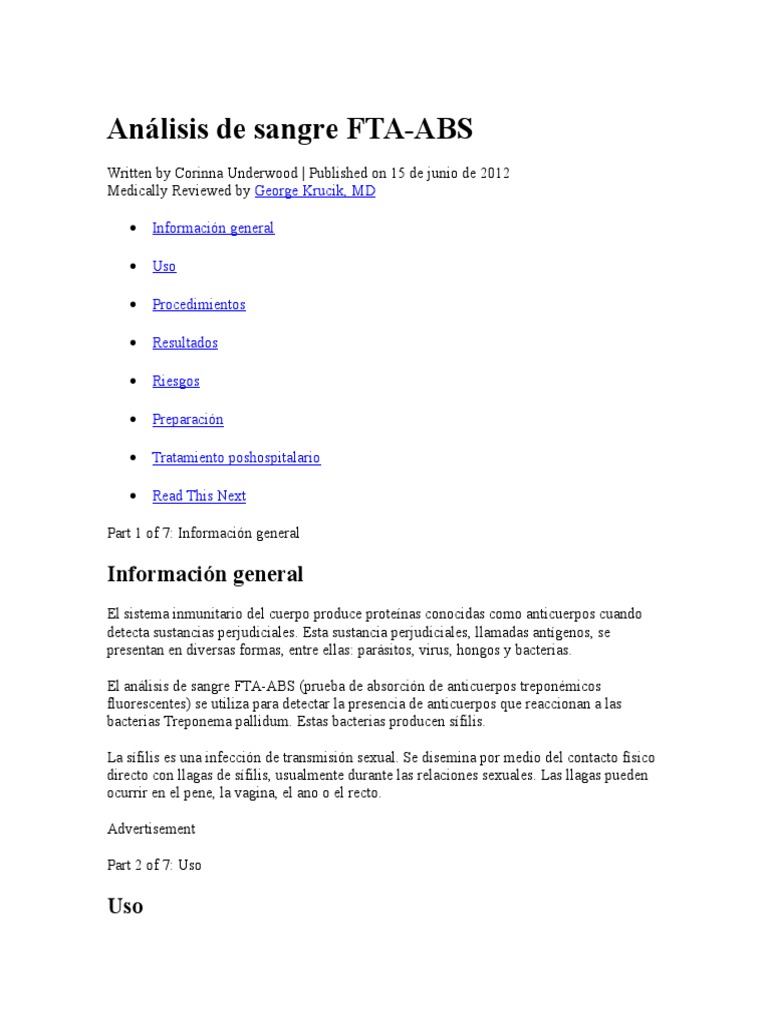 Prueba FTA-ABS para Sífilis | PDF | Infección transmitida sexualmente | Infección