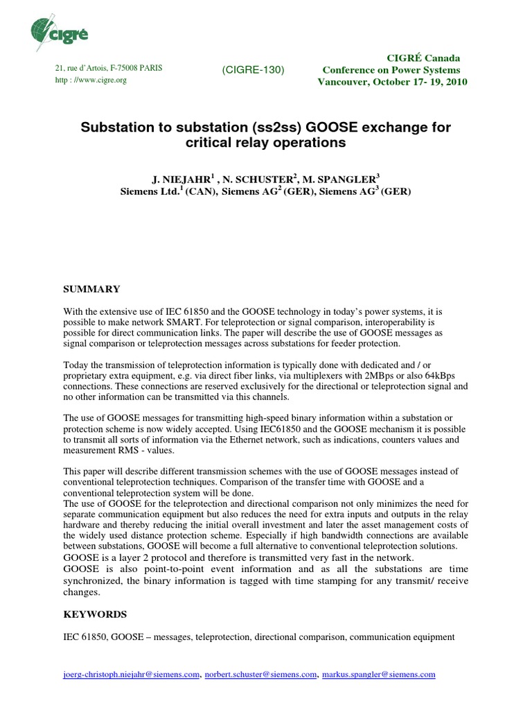 CIGRE-130 Substation To Substation (Ss2ss) GOOSE Exchange For Critical ...
