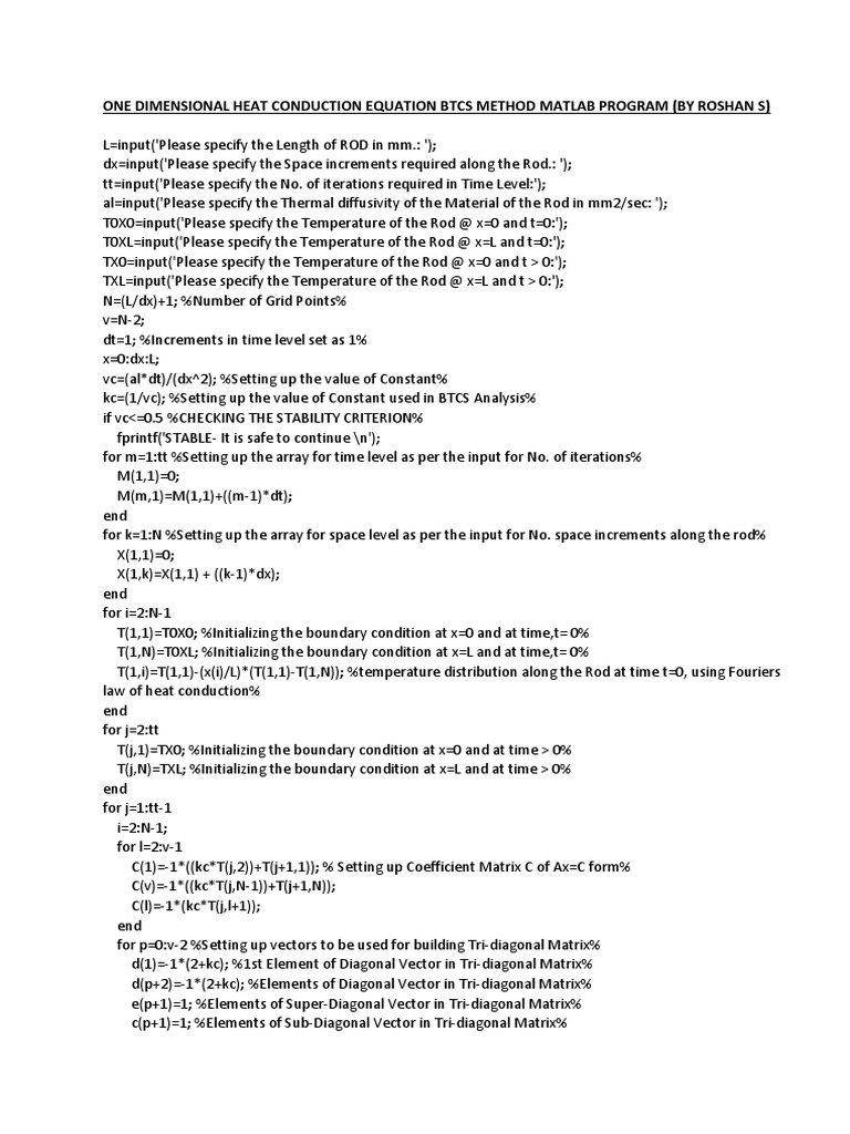 One Dimensional Heat Conduction BTCS Matlab Program | PDF | Matrix ...