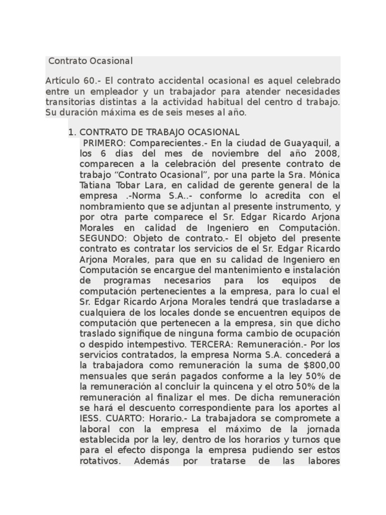 Contrato Ocasional de Trabajo | PDF | Salario | Derecho laboral