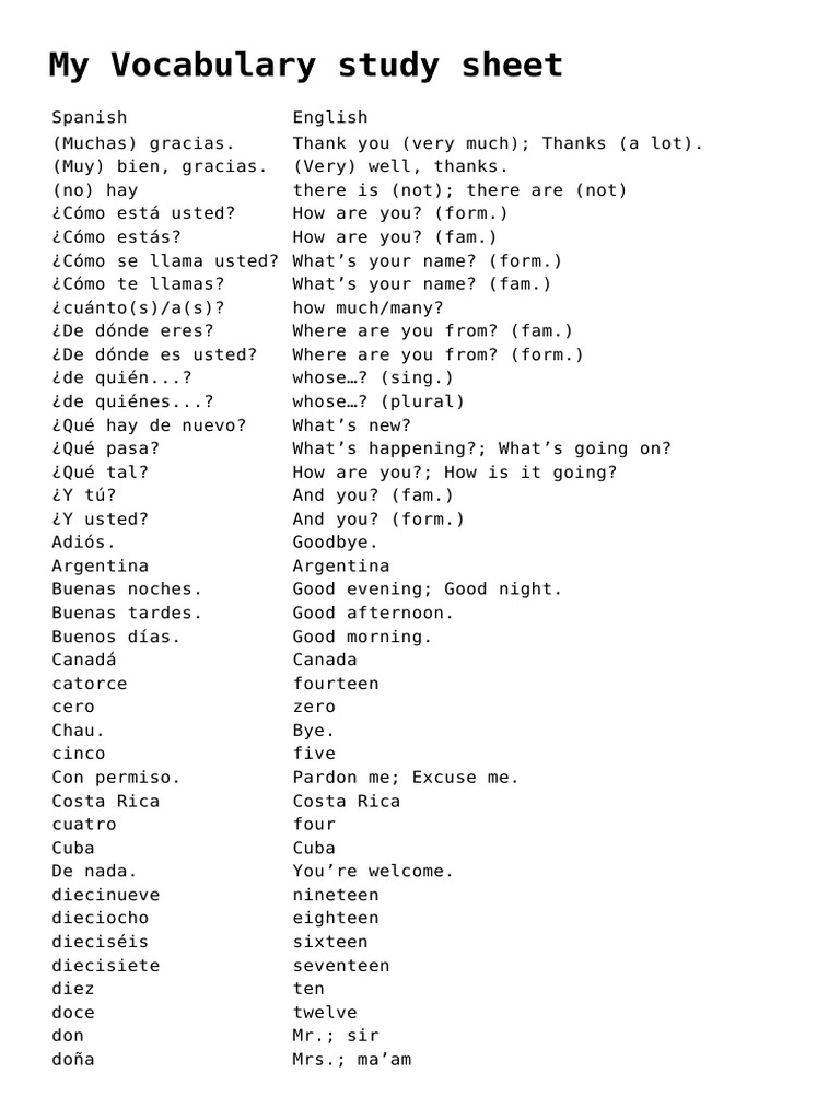 Study Sheet Vocabulary | PDF | Religión y espiritualidad