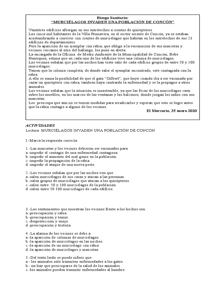 Comprensión Lectora Texto Informativo | PDF | Murciélago | Rabia