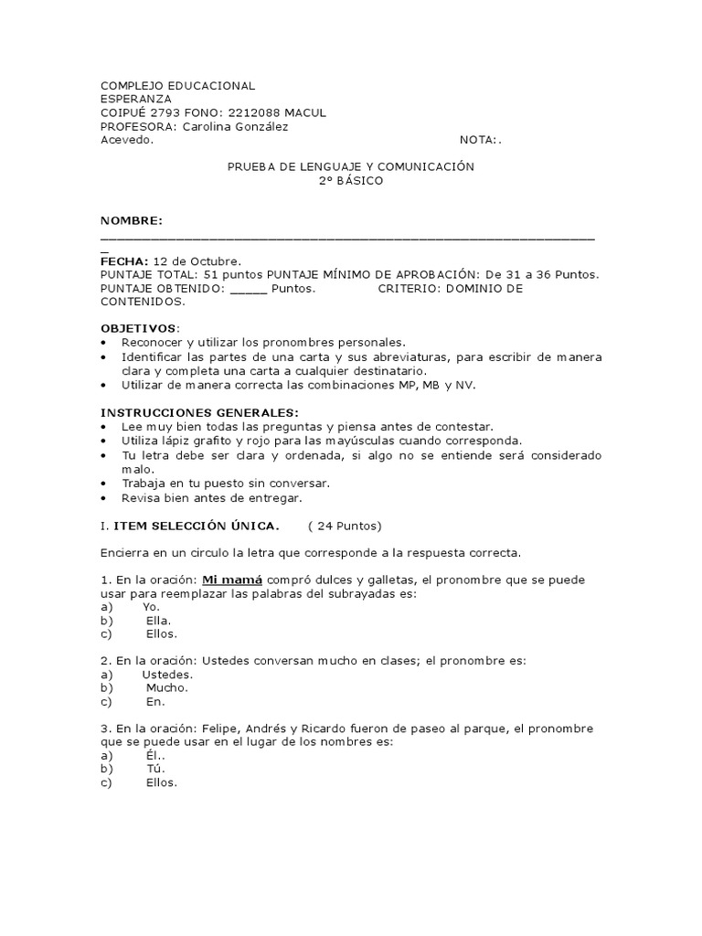 Prueba Pronombres | PDF | Idiomas