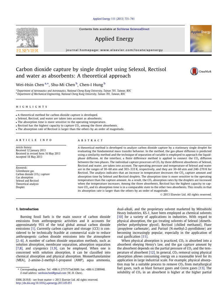 Carbon Dioxide Capture by Single Droplet Using Selexol, Rectisol and ...
