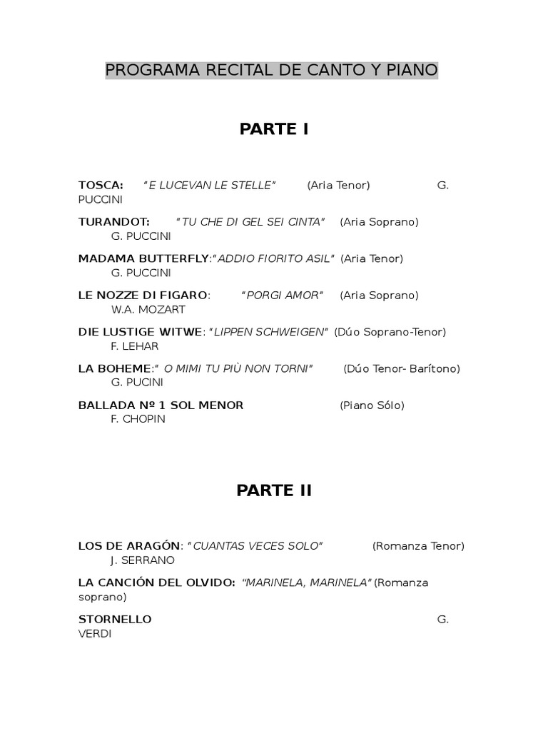 Programa Recital de Canto y Piano | PDF