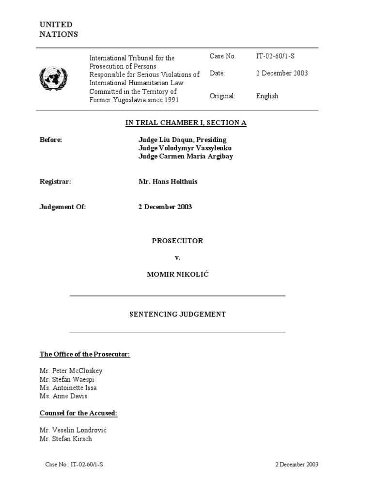 Momir Nikolic Trial Judgement (Plea Agreement) (Srebrenica Genocide ...