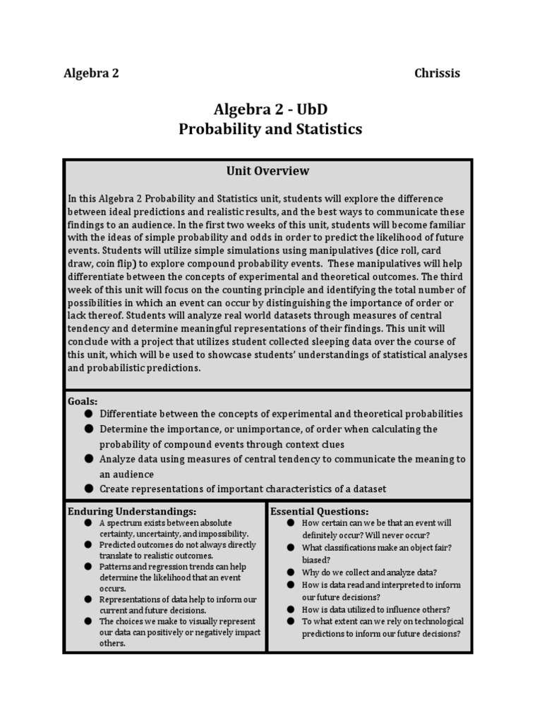 Algebra 2: Probability & Statistics Unit | PDF | Sleep | Probability