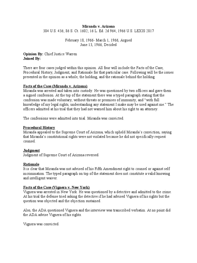 Miranda V Arizona | PDF | Supreme Courts | Miranda V. Arizona