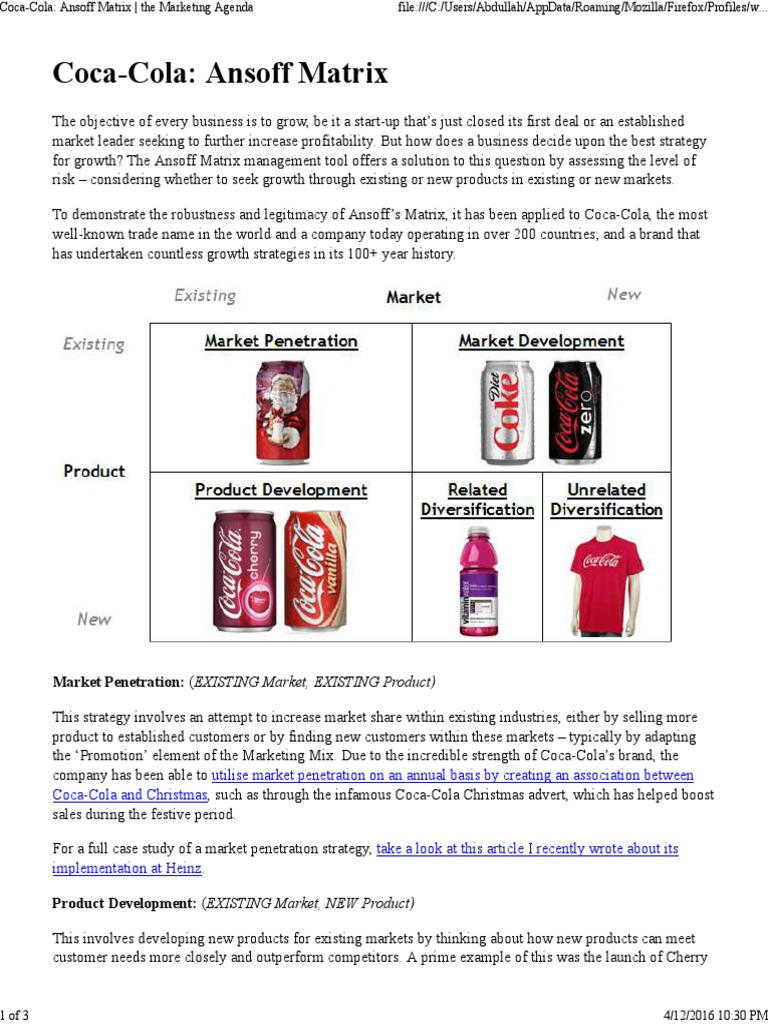 Coca-Cola_ Ansoff Matrix _ the Marketing Agenda.pdf | Coca Cola | Brand