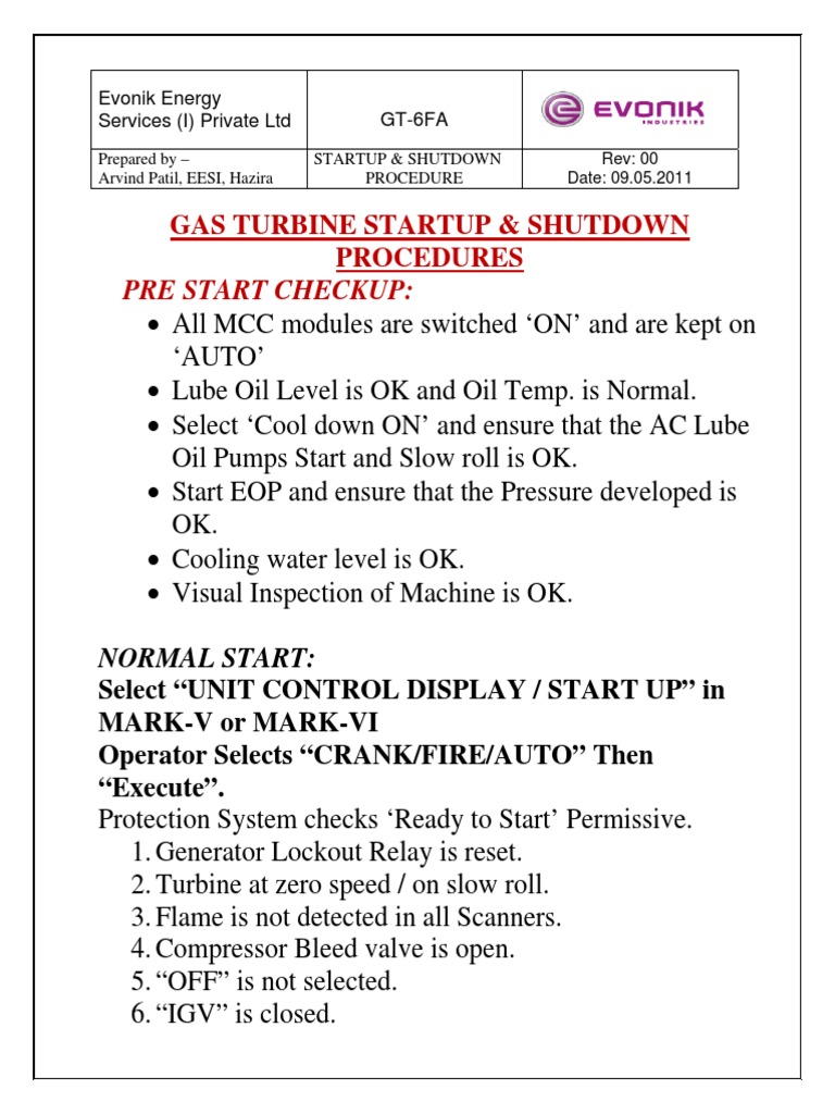 Gas Turbine Startup & Shutdown Procedures: Pre Start Checkup