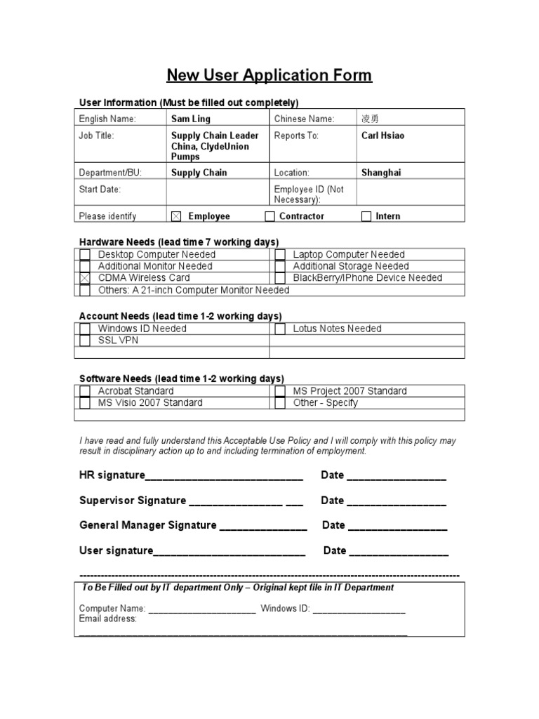 New User Application Form: English Name: Chinese Name: 凌勇 Job Title ...