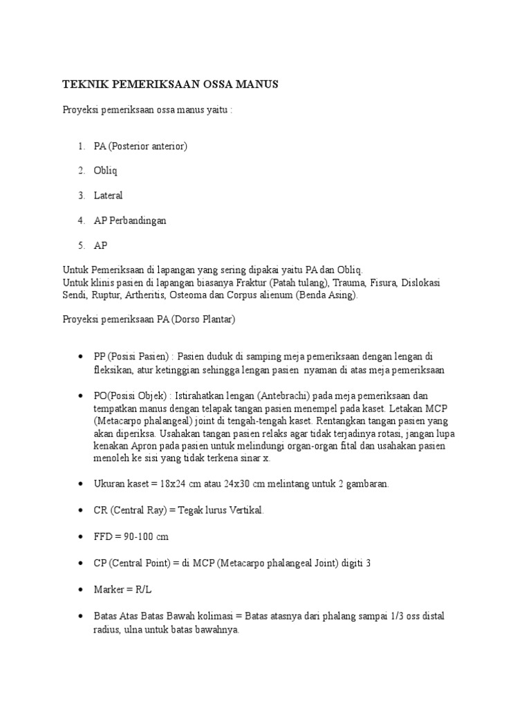 Teknik Pemeriksaan Ossa Manus | PDF