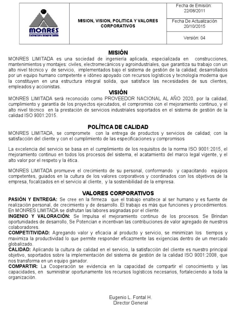 Mision Vision Politica Valores Corporativos v4 - 102015 | PDF | Gestión ...