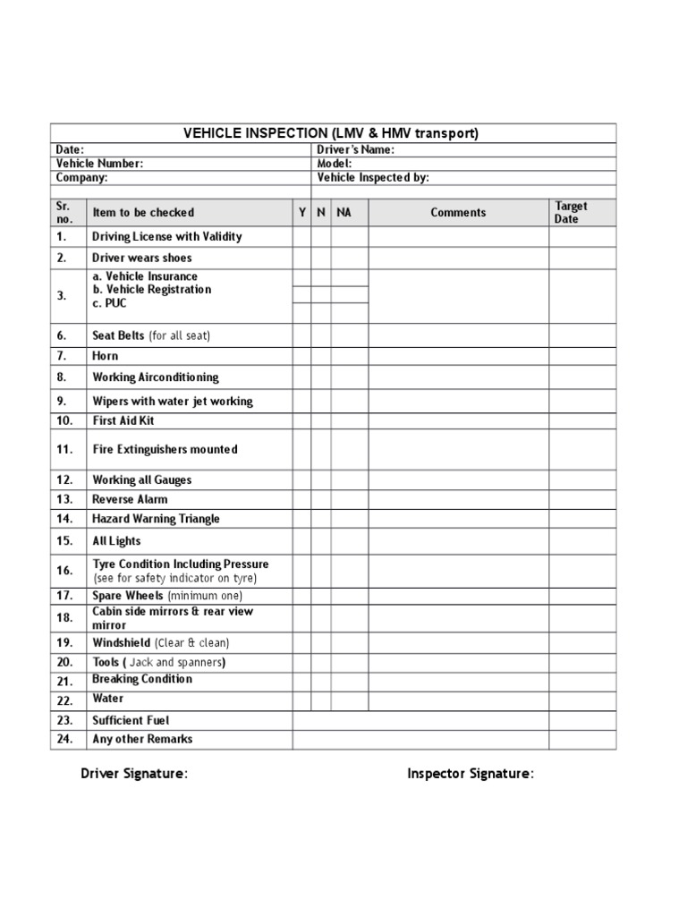 SH-CBM-Vehicle Inspection (LMV & HMV) Checklist | PDF