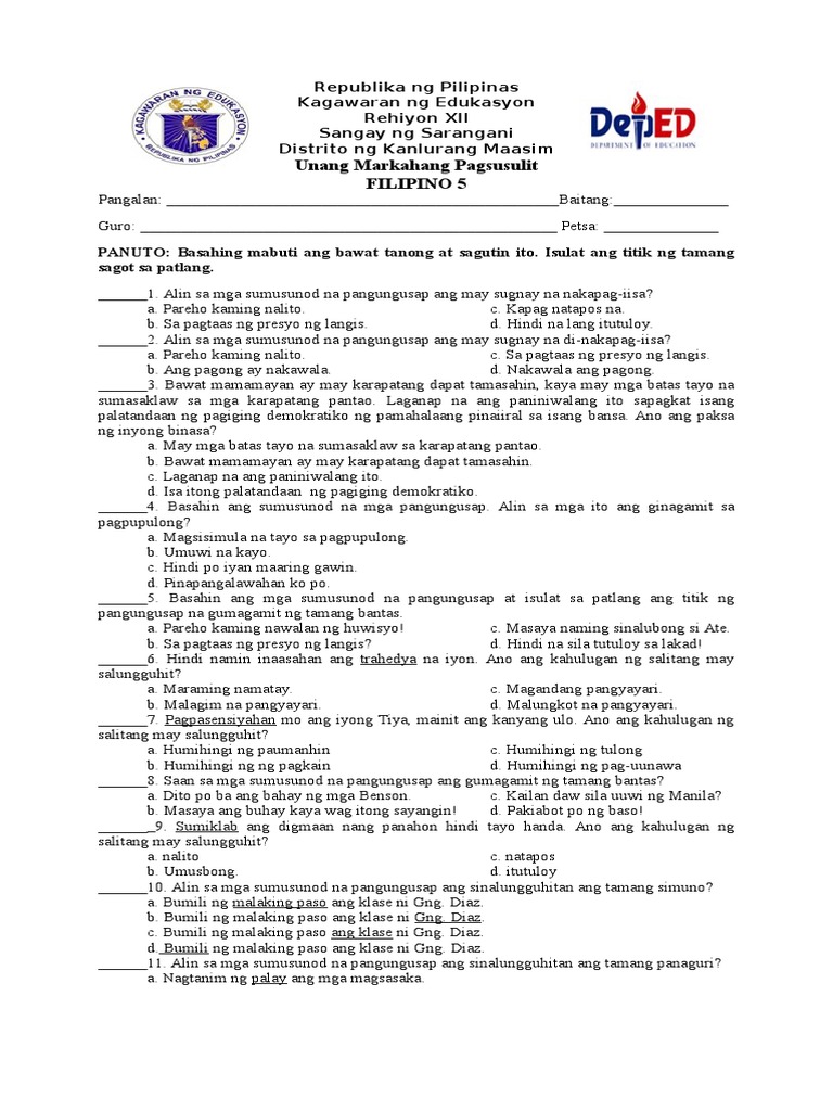 Unang Pagsusulit Sa Filipino 5 | PDF