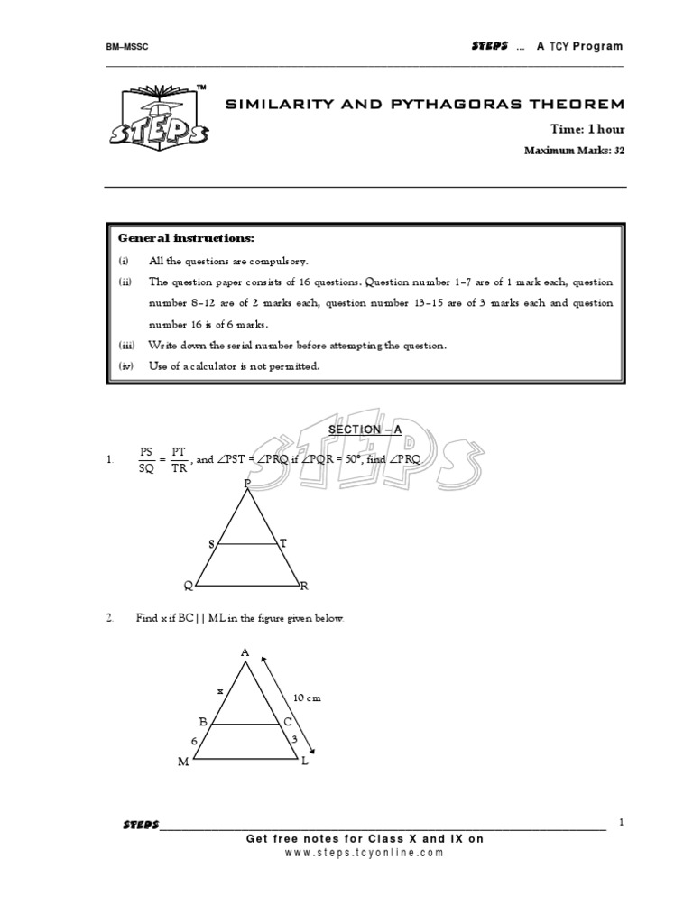 Similarity and Pythagoras Theorem STD X | PDF | Triangle | Euclidean Geometry