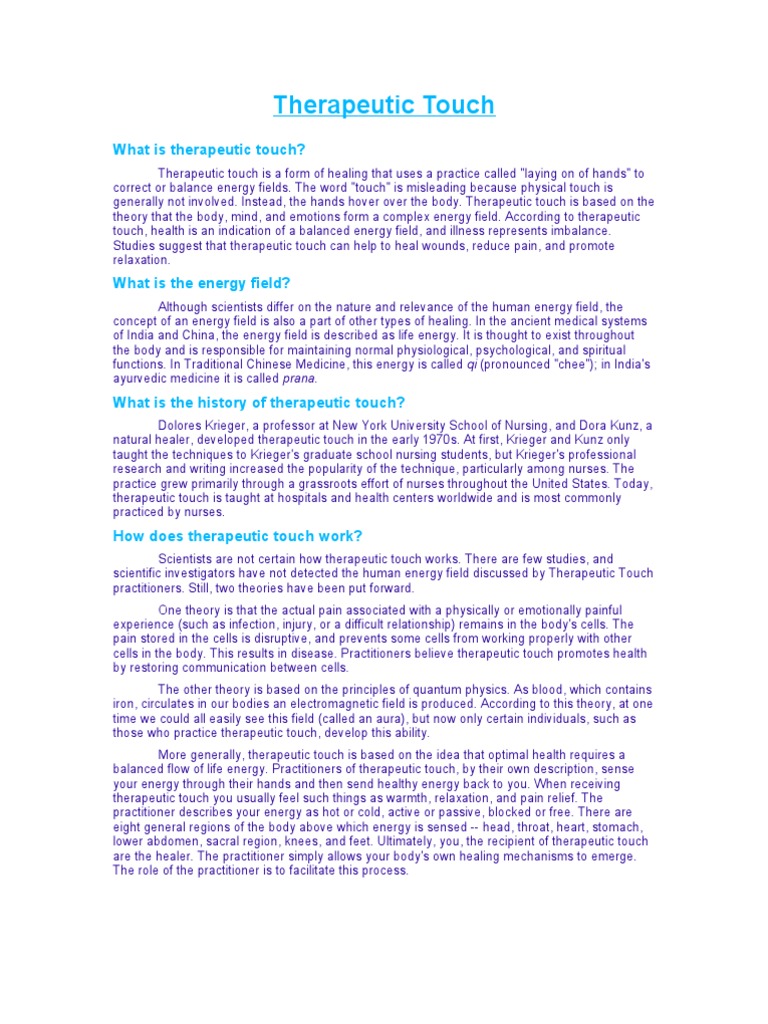 Therapuetic Touch Handout | PDF | Relaxation (Psychology) | Pain