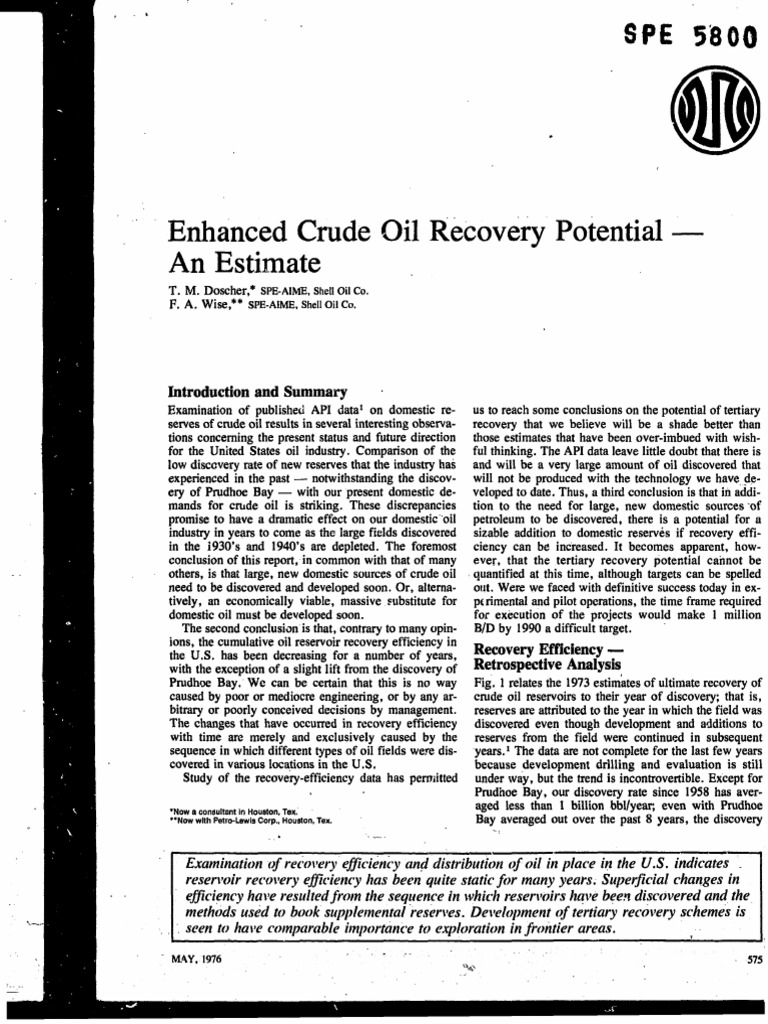 Enhanced Crude Oil Recovery Potential An Estimate | PDF | Oil Reserves ...