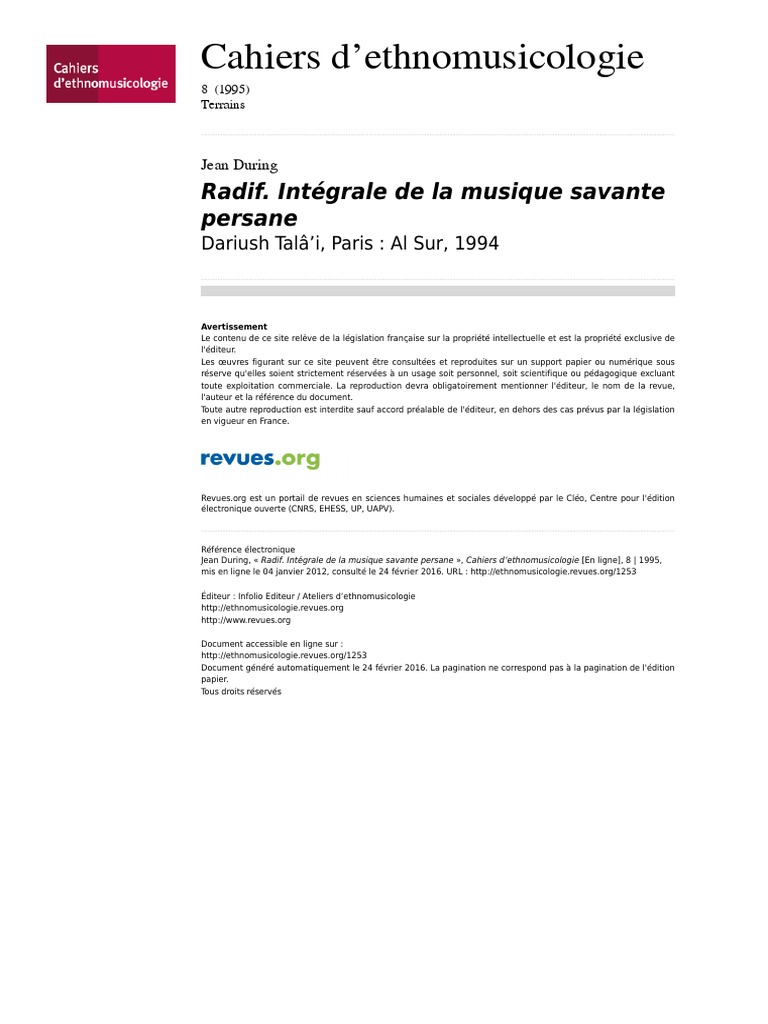 Ethnomusicologie 1253 8 Radif Integrale de La Musique Savante Persane | PDF | Mode (musique ...