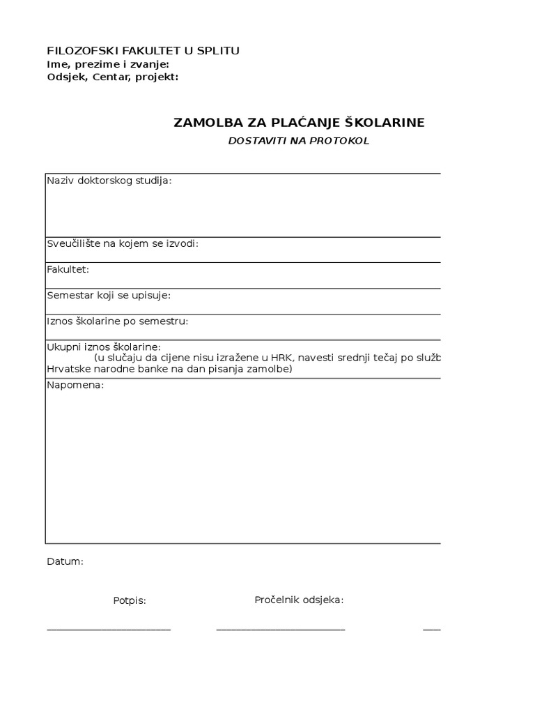 Zamolba Za Placanje Skolarine | PDF
