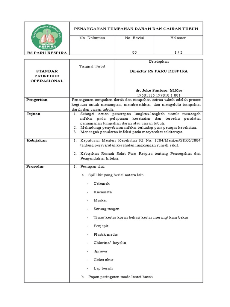 Spo Penanganan Tumpahan Darah Dan Cairan Tubuh | PDF | Sains & Matematika