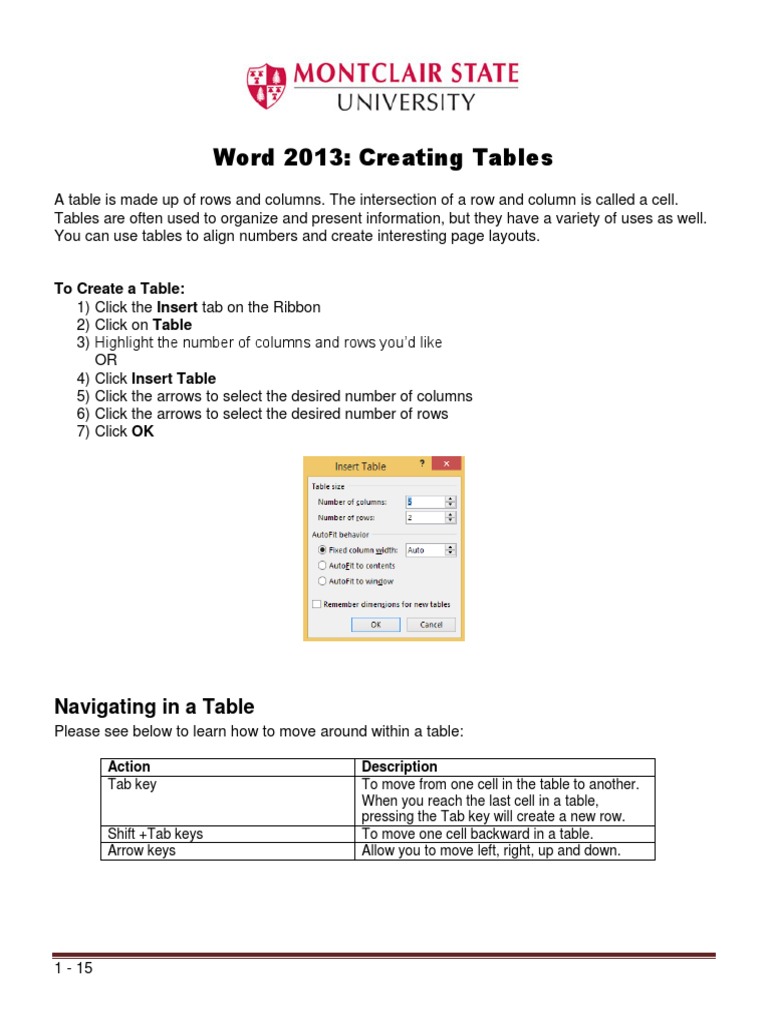 Word 2013: Creating Tables: Navigating in A Table | PDF | Table ...