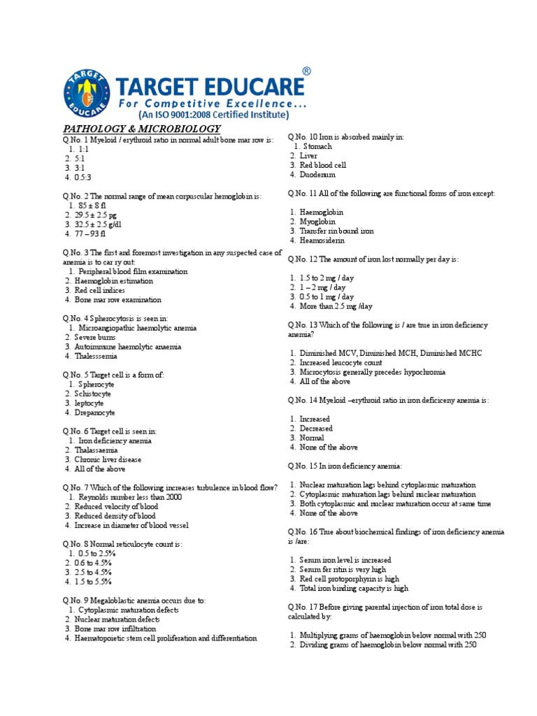 Target - Online Exam - Pathology Microbiology | PDF | Anemia | Clinical ...