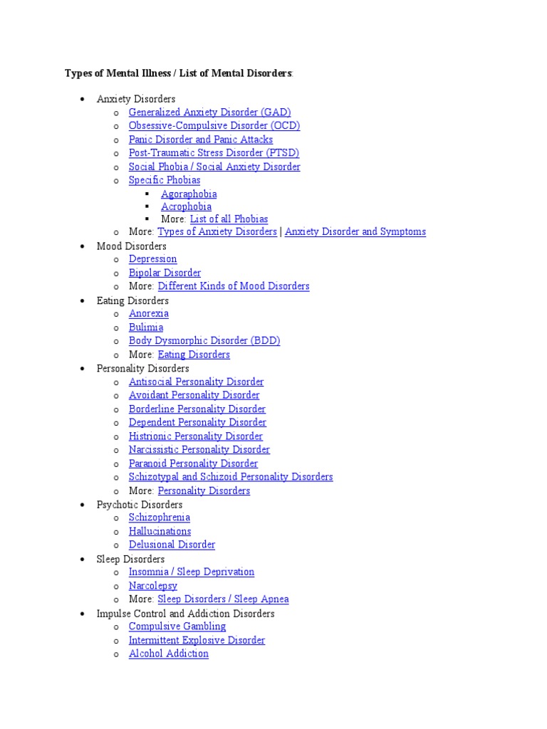 Anxiety Disorders: Types of Mental Illness / List of Mental Disorders ...
