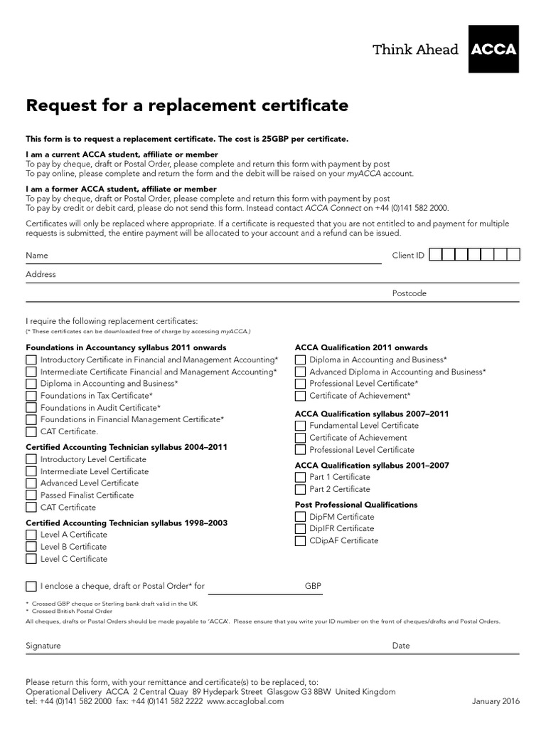 Request for Replacement Certificate Form | Cheque | Payments